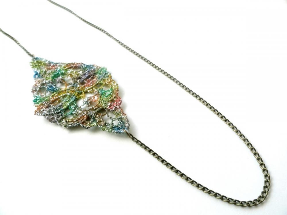 Lace Necklace Hand Dyed Multicolored Rainbow With Antiqued Bronze Chain ...