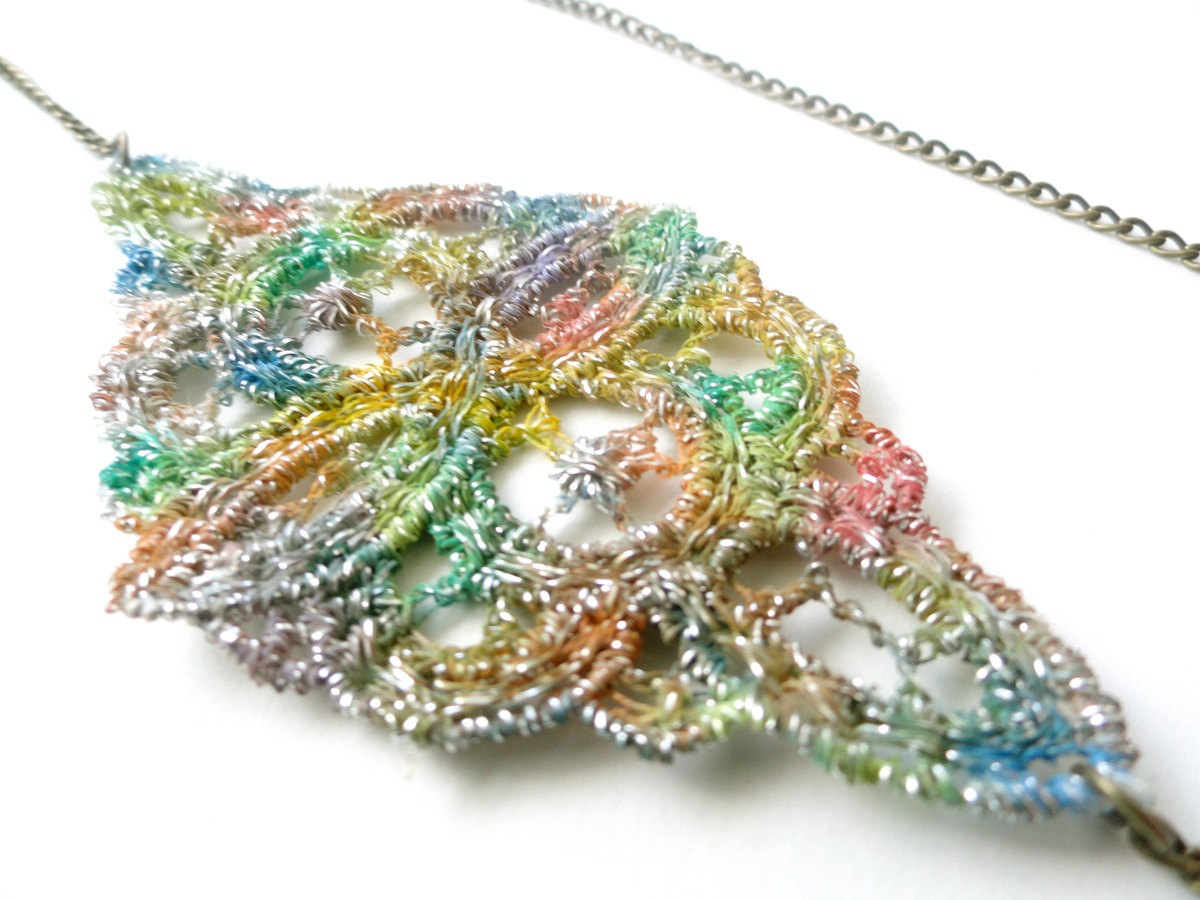 Lace Necklace Hand Dyed Multicolored Rainbow With Antiqued Bronze Chain ...